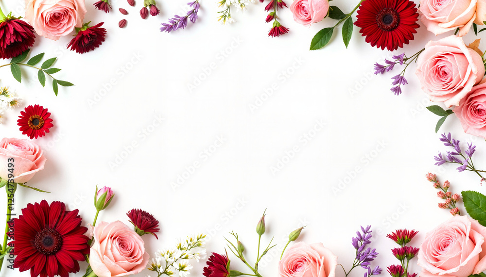 Photo & Art Print Burgundy and pink flowers framing wedding invitation design, classic elegance ...