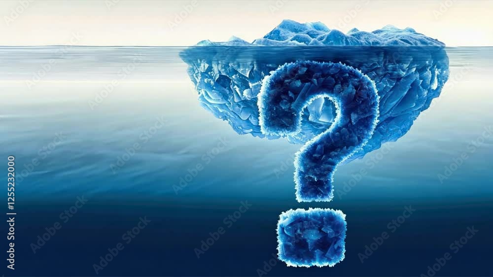 A blue iceberg floating in the ocean with a hidden icy question mark ...