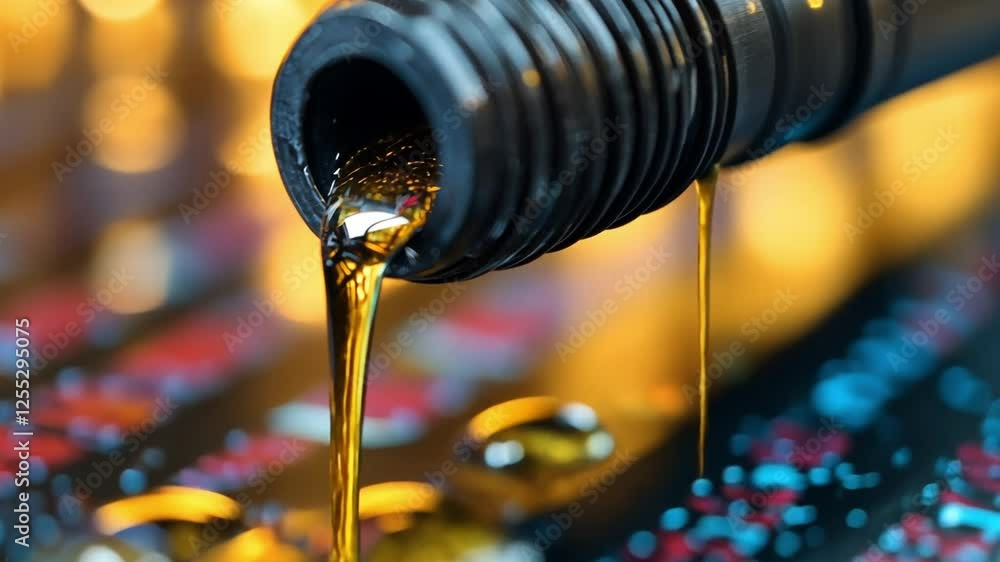 Pouring of Automotive Engine Oil: This image showcases the fresh golden ...
