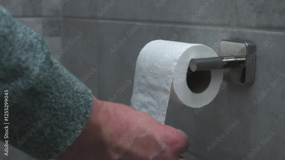 A close-up of a hand pulling a sheet from a toilet paper roll mounted ...
