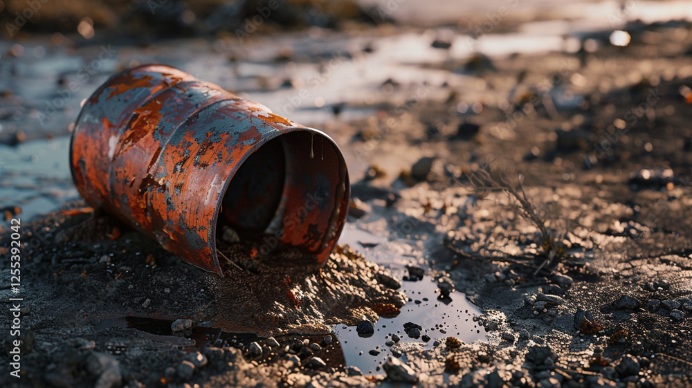 Poster Leaking Oil Drum Contaminating Ground: A close-up of an oil drum ...