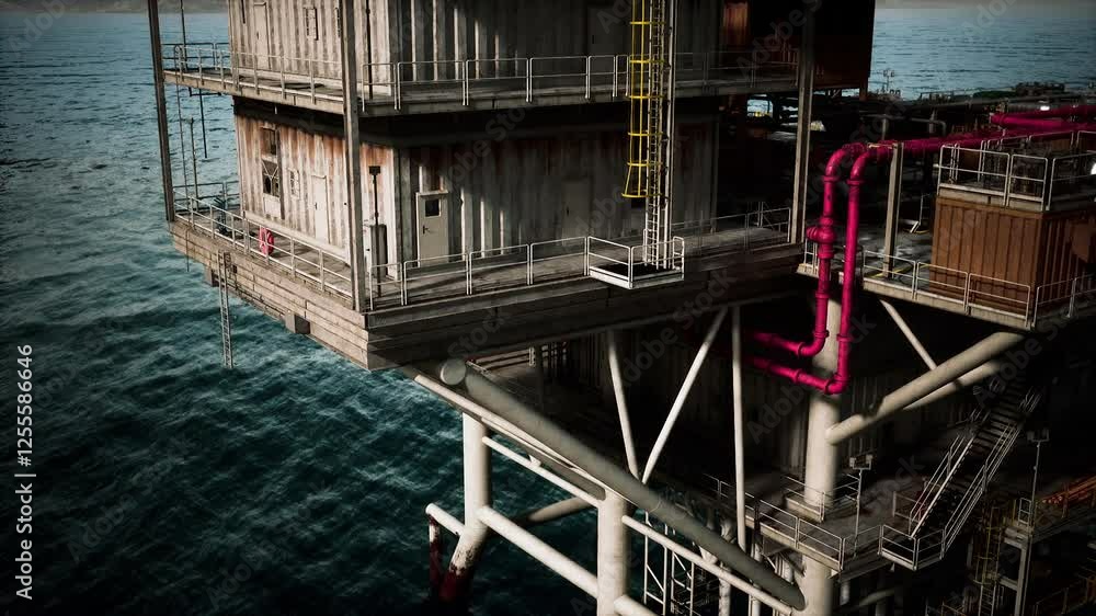 An old oil rig platform repurposed into a house on stilts, standing ...