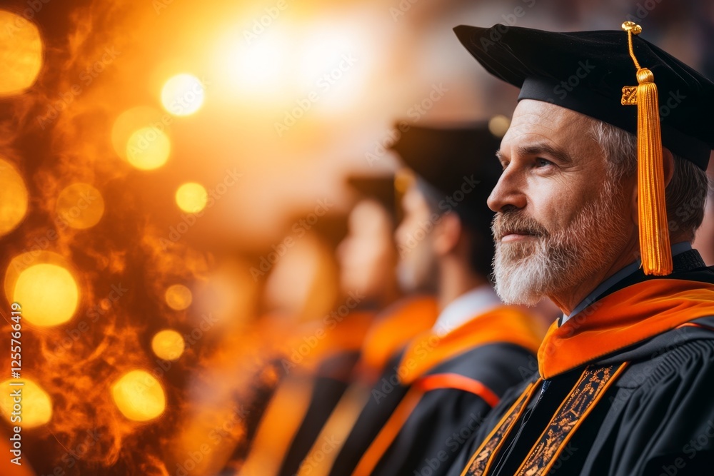 Photo A professor in graduation regalia leading a faculty procession at ...