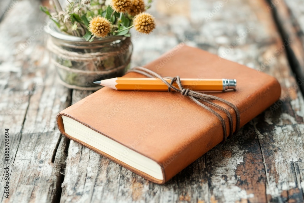 Poster A small pocket notebook with a tiny pencil tucked into its ...
