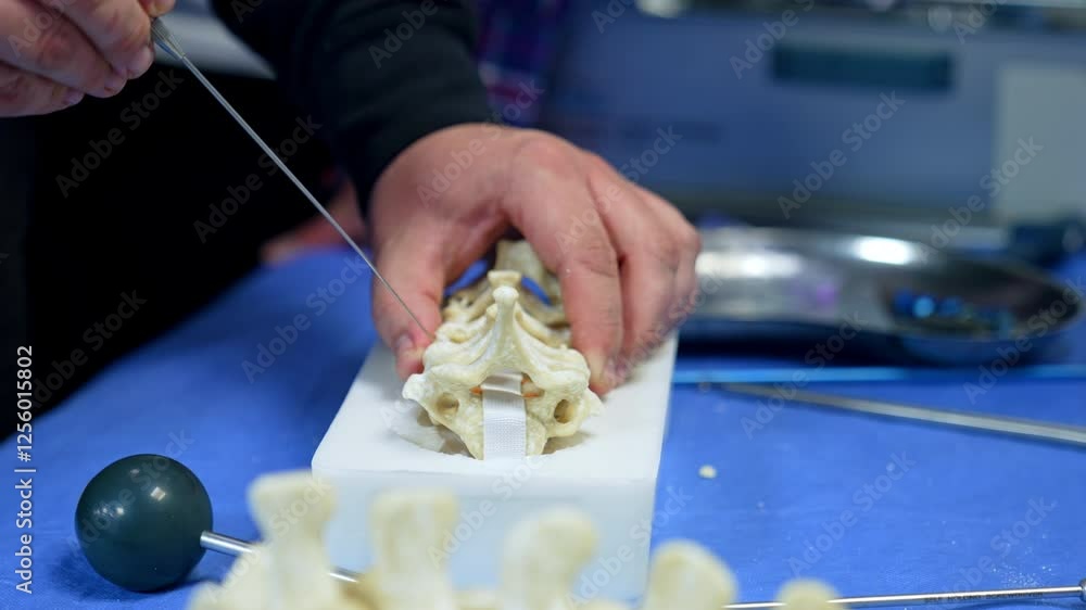 Long metal tool is inserted among the bones of the spine dummy. Male ...
