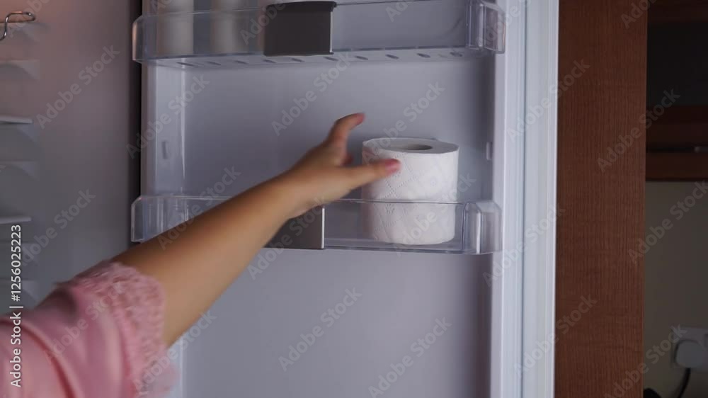 Young woman placing toilet paper into fridge shelf, reveals social ...