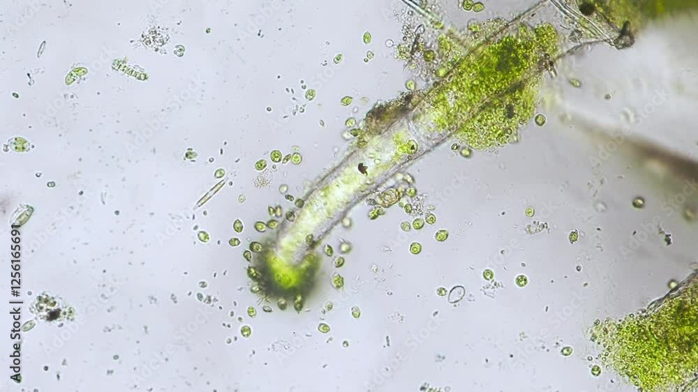 Unicellular algae in movement under the microscope - optical microscope ...