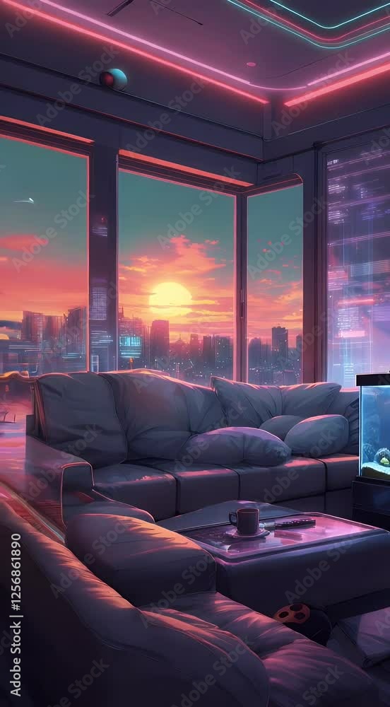 Vidéo Stock vtuber virtual window sofa futuristic sunset stream obs ...