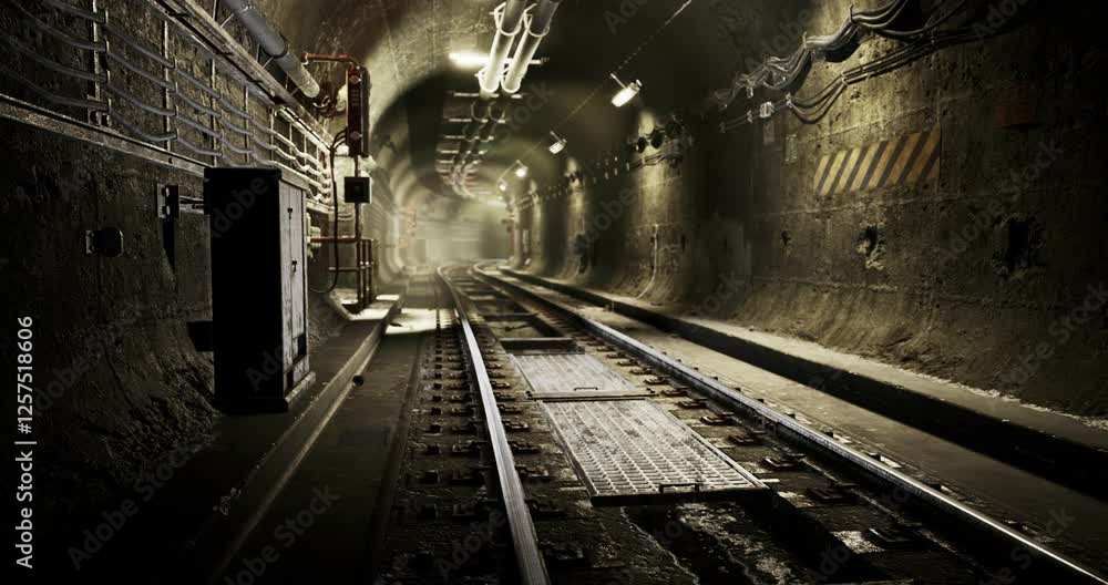 A disused underground tunnel features train tracks extending into the ...