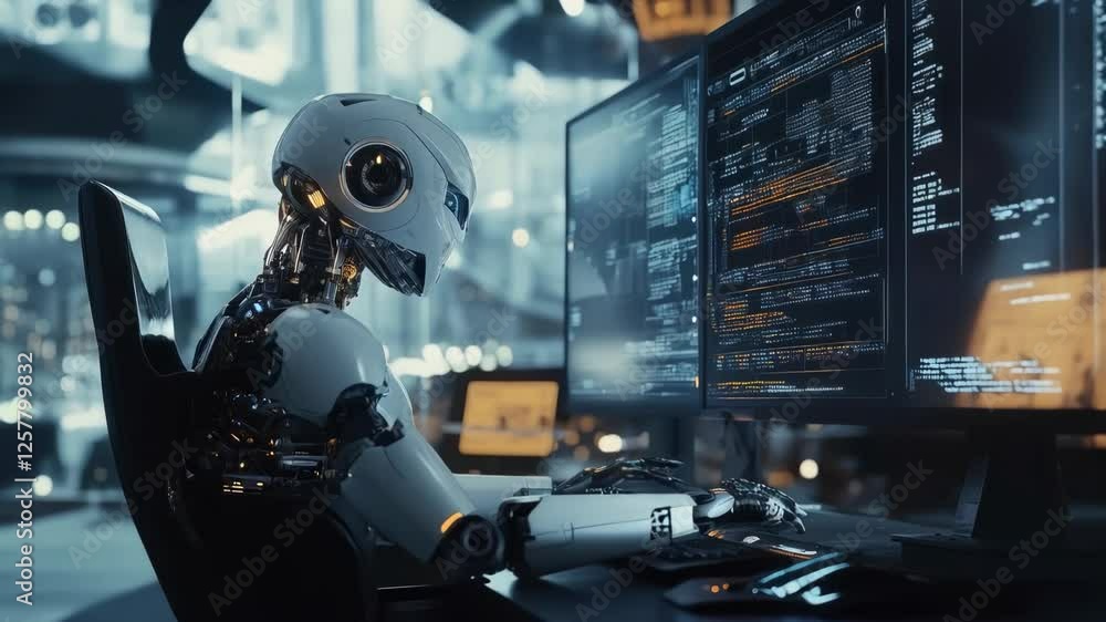 Futuristic humanoid robot works computer with multiple screens displaying complex code. Concept ...