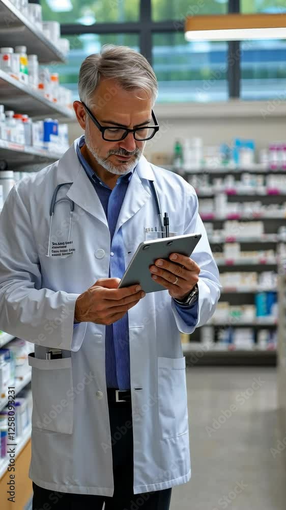 Professional pharmacist reviews medication inventory using a tablet in ...