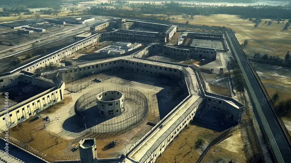 Concrete structures and guard towers dominate the landscape in this ...