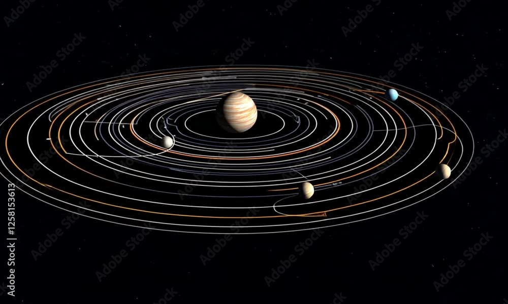 Jupiter-centered solar system model; orbital paths; space background ...