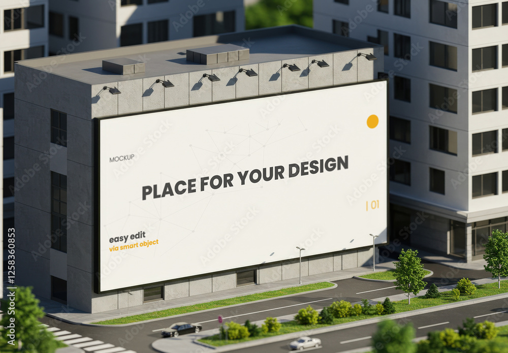 Giant Horizontal Billboard on Building Mockup in Tilt Shift Effect ...