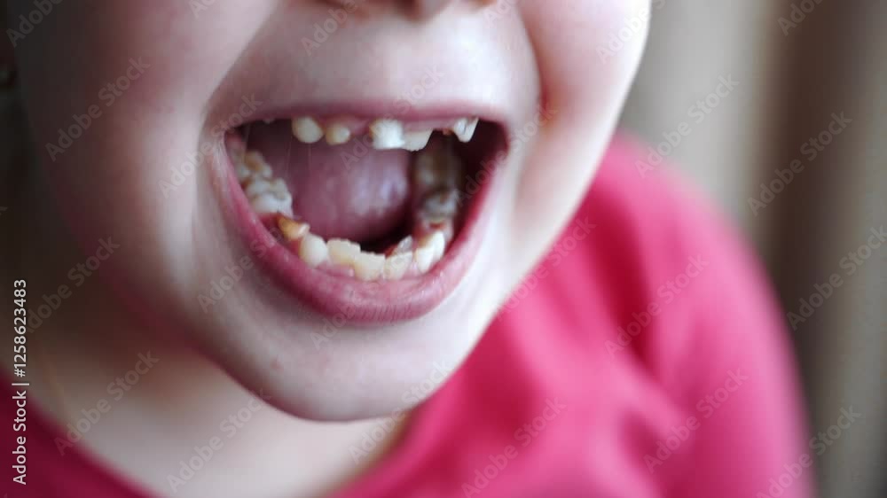 Girl opens mouth wide, shows crooked teeth with cavities. Decayed teeth ...