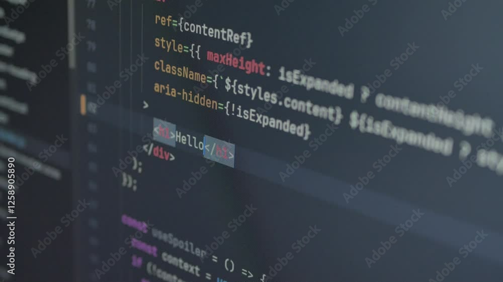 Typing "Hello, HTML" in code editor, console. Technology background for software developer and ...