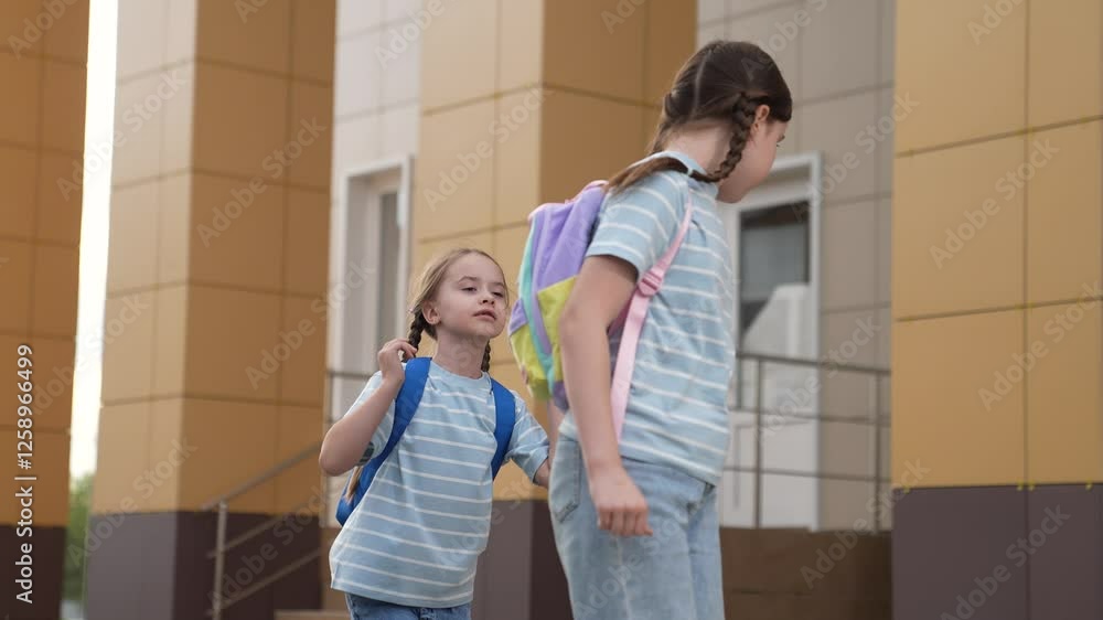 cheerful children walk during recess in the school yard, girlfriends ...