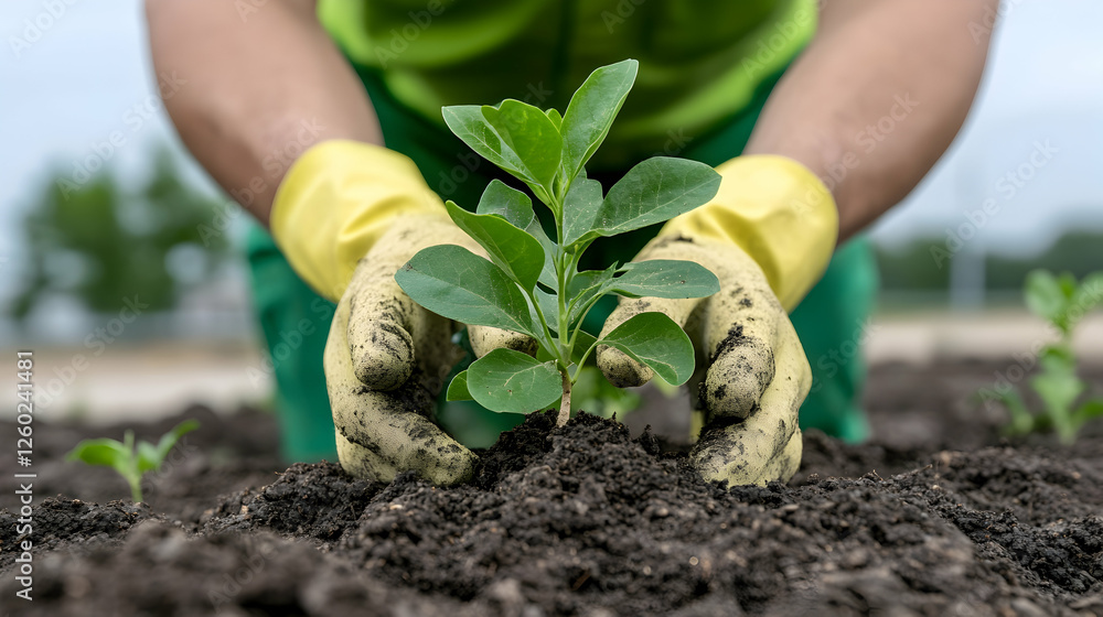 Poster Hands plant seedling in fertile soil at garden with green plants ...