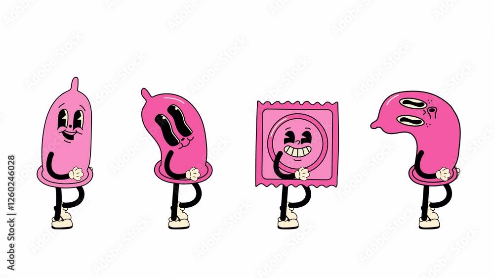 Set of retro cartoon condom mascot characters walking in a seamless ...