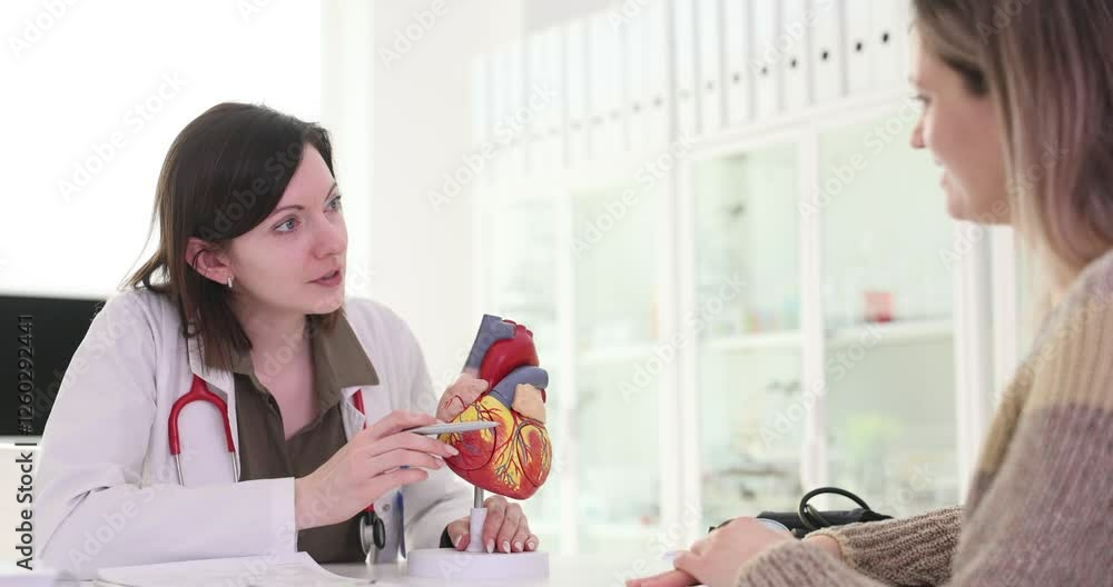 Female cardiologist points to detailed heart model explaining anatomy ...