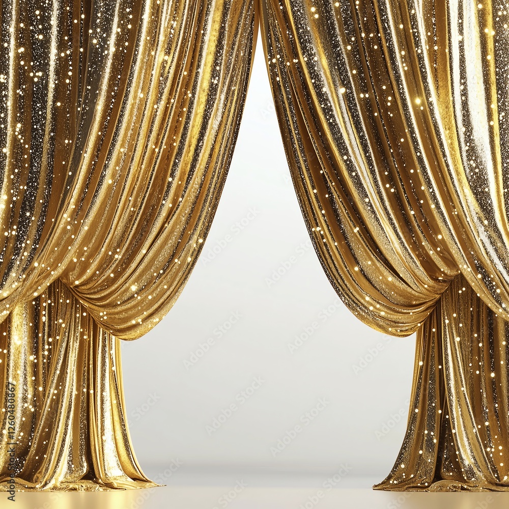 ภาพประกอบสต็อก Golden curtains parting to reveal a luxurious stage ...