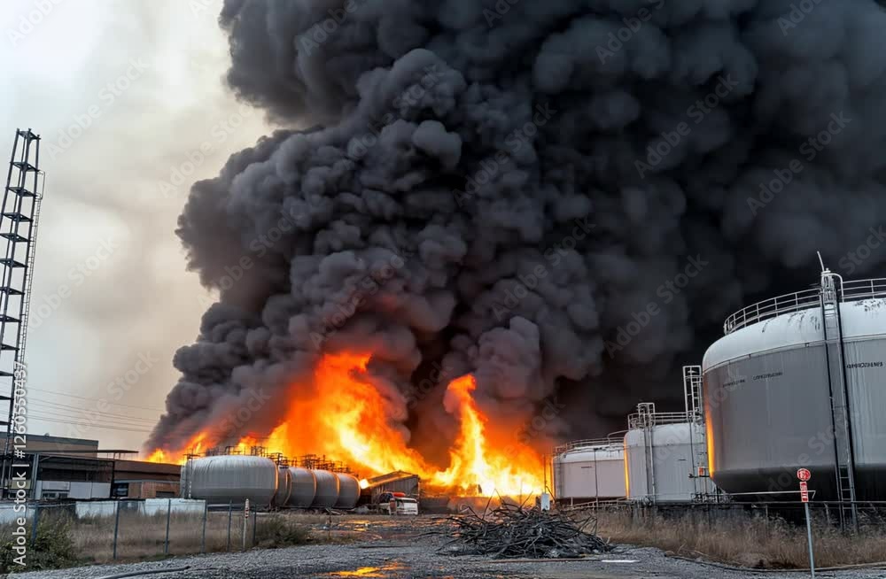 Massive fire and thick black smoke engulfing an industrial facility ...