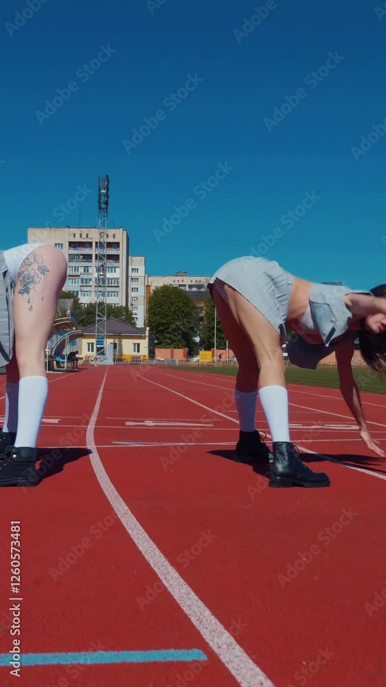 Vertical. Two fiery women joyfully dancing on a stadium track. Women ...