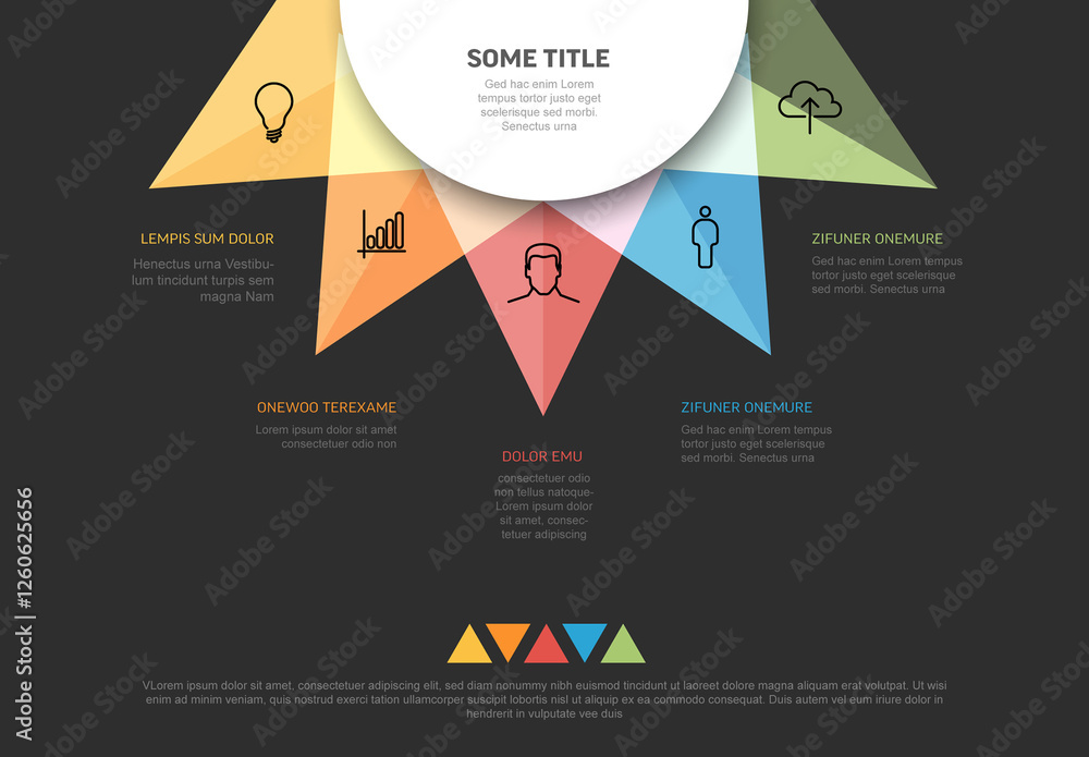 Colorful Dark Infographics Design with Icons Text and five sections for ...