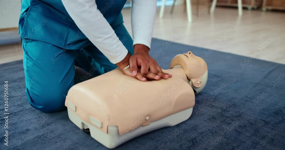 Hands, cpr dummy and doctor training, medical student and learn ...