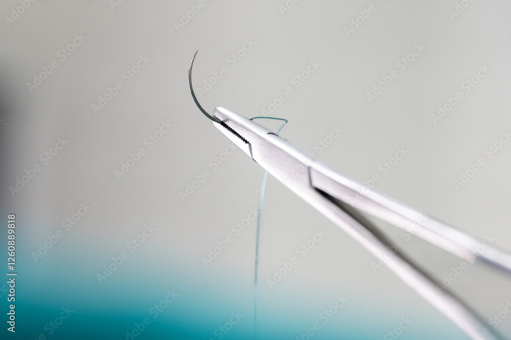 Poster Doctor hand wear sterile gloves and surgery scissor stitching up ...