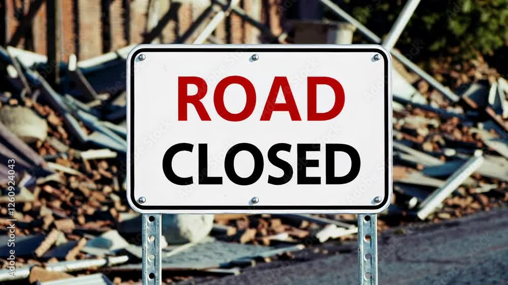 Slow motion video capturing earthquake aftermath with road closed sign ...