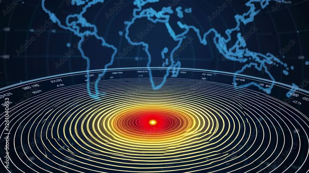 Seismic waves radiating from earthquake epicenter across global map, visualizing geological ...