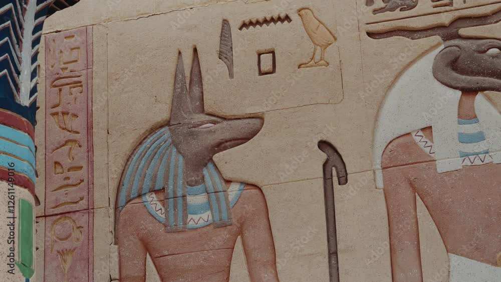 Ancient Egyptian wall relief depicting Anubis, god of the dead. The ...