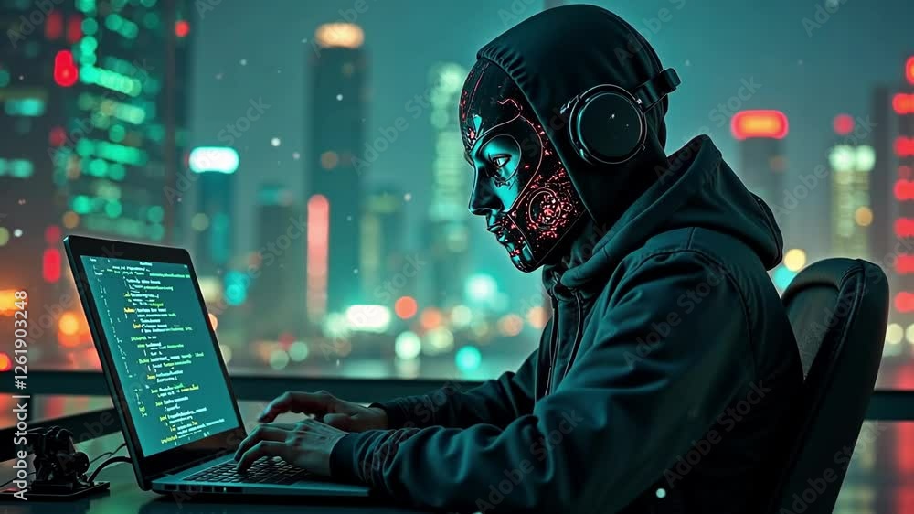 Hacker running artificial intelligence spyware software designed to gather information from ...