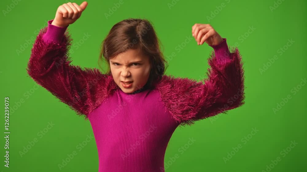 Little girl child with crossed arms and angry face stumping leg and ...