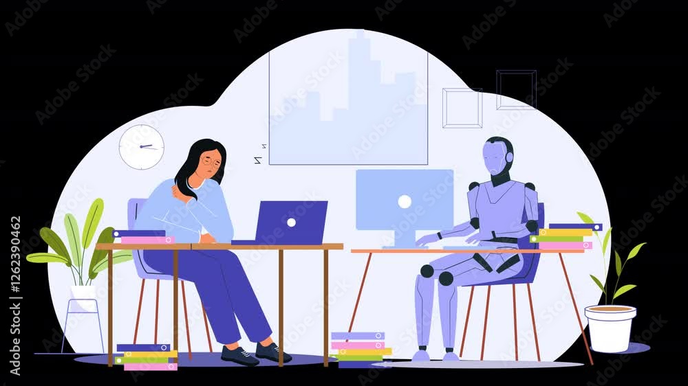 Flat animation focusing on the ongoing debate of human vs. AI, with characters demonstrating ...
