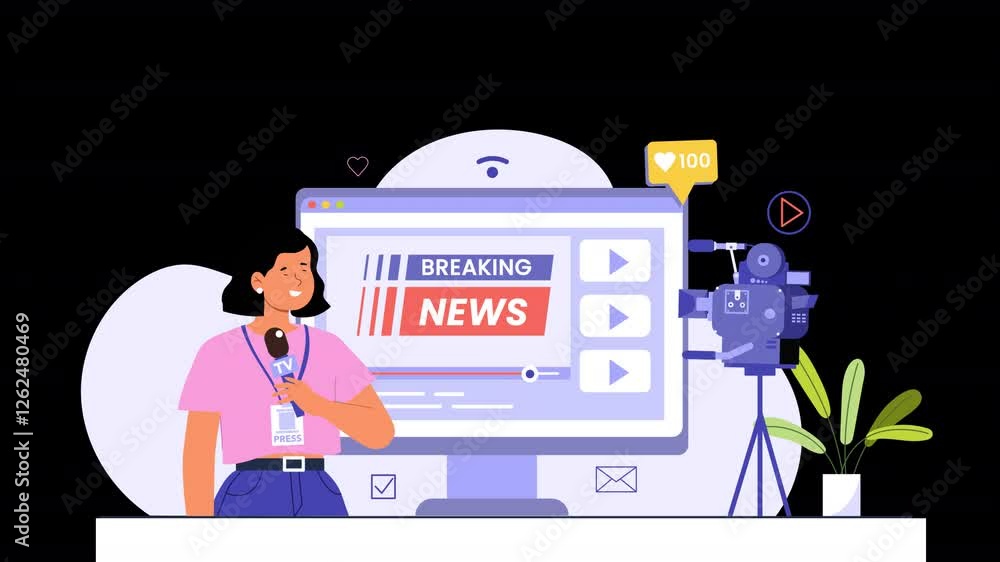 Flat style animation that highlights breaking news stories, where ...