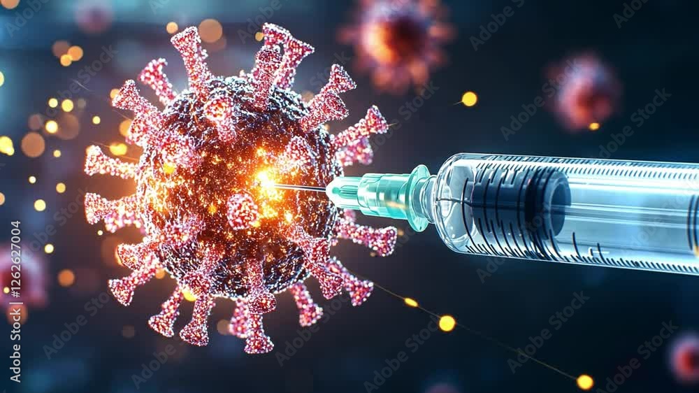 Vaccine syringe injecting into a virus model in high-resolution visual ...