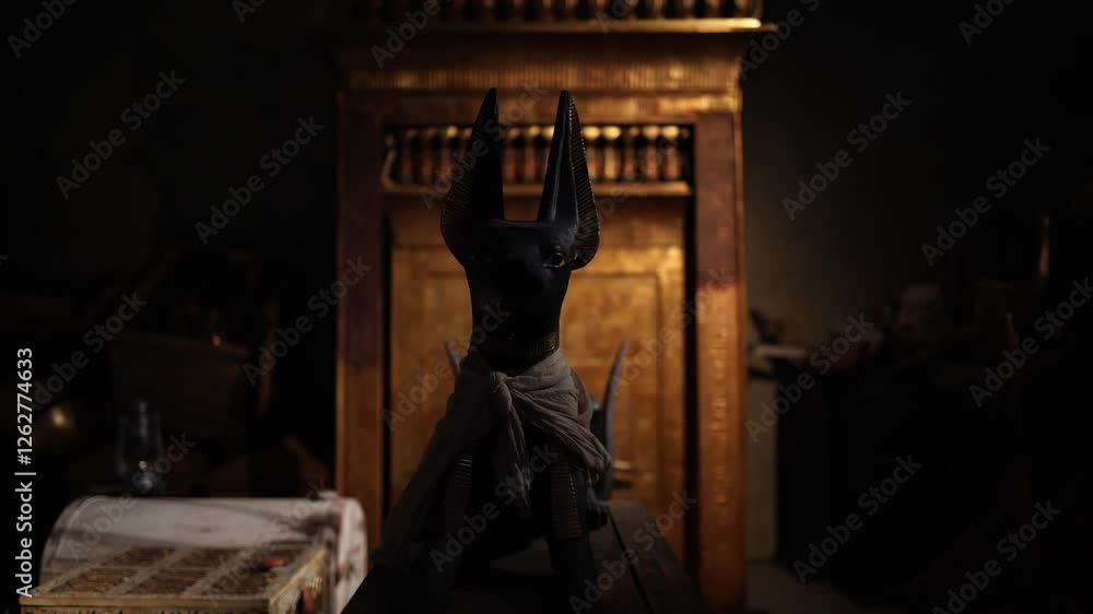 A black Anubis statue stands solemnly before a golden shrine in an ...