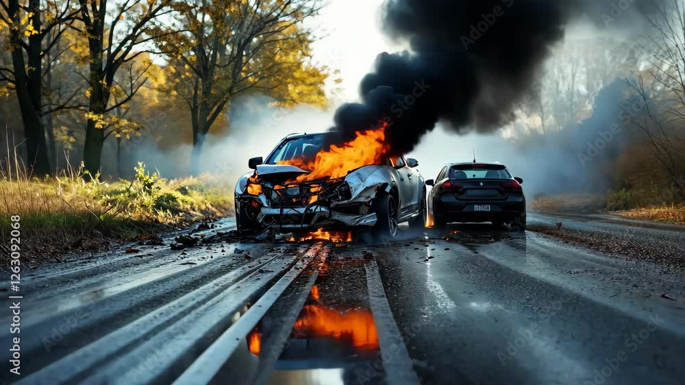 Car Fire on Highway: Dramatic scene of a car engulfed in flames on a ...