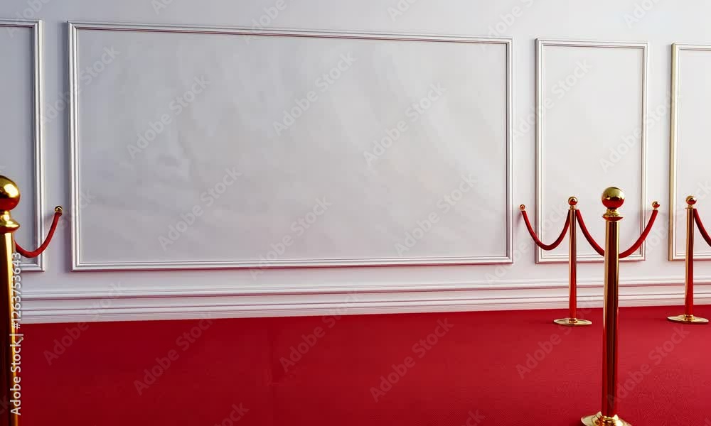 Empty mockup of media wall backdrop next to red carpet. Blank banner ...
