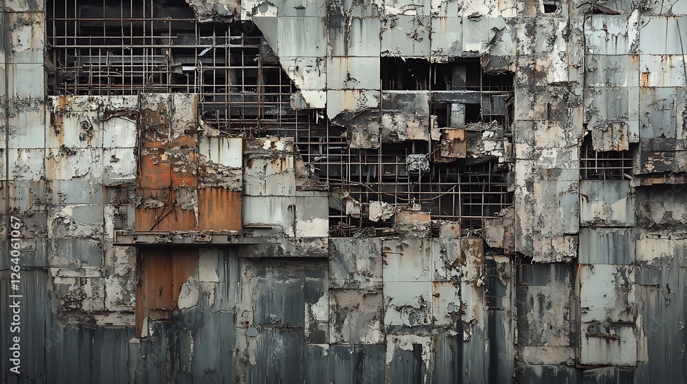 Poster A massive post-apocalyptic building facade, partially collapsed ...