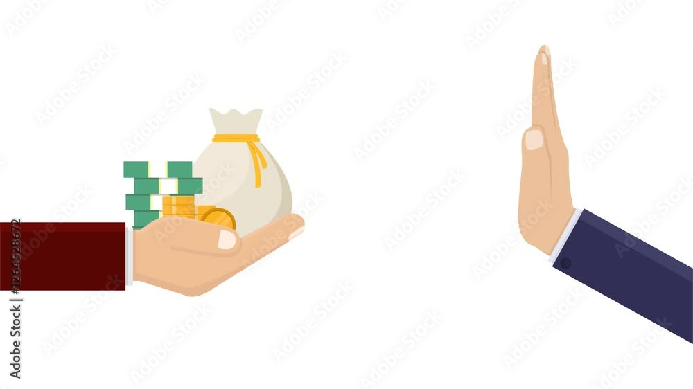 Conceptual animation of rejection showing hand rejecting money bag ...