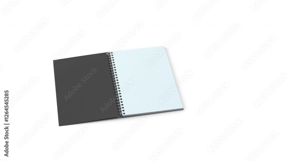 4K animation of a spiral-bound notebook opening with smooth page flips ...