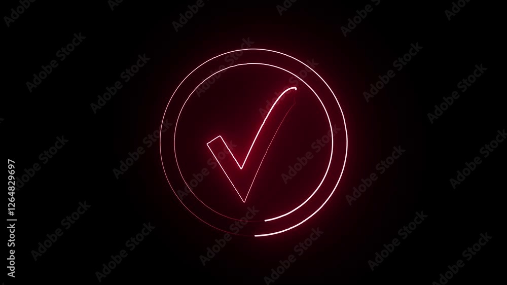 glowing neon red color check mark icon animation. ok , done, completed ...