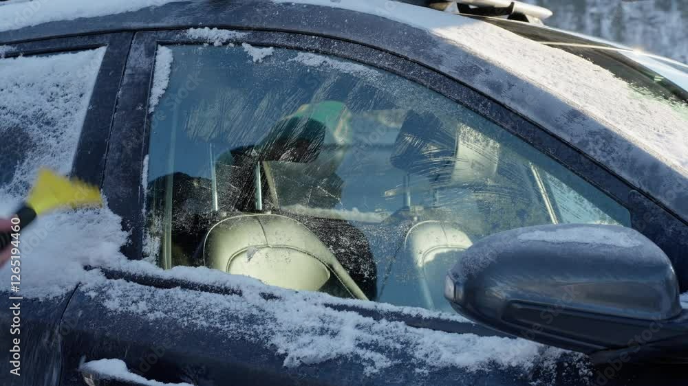 A person scrapes snow and ice off a car side window in cold winter ...