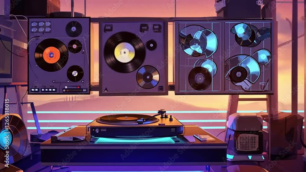 A room vinyl records and a turntable. sunset, stream starting soon ...