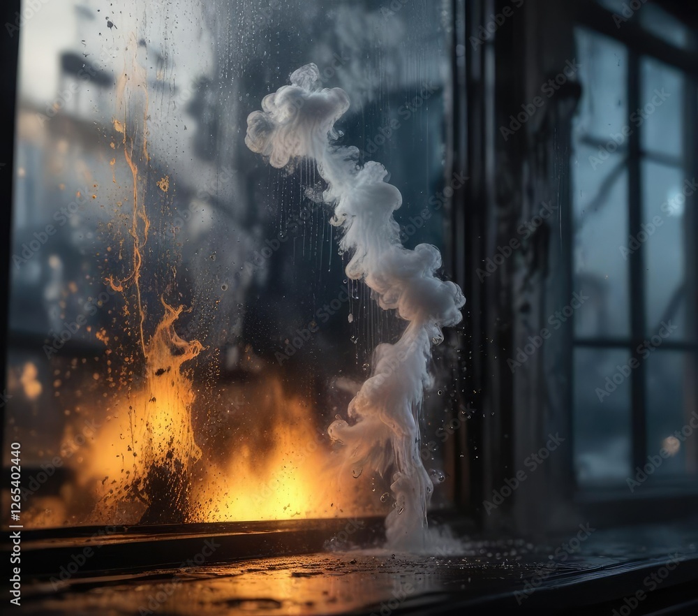 Poster Steam rising from a wet window with condensation, humidity ...