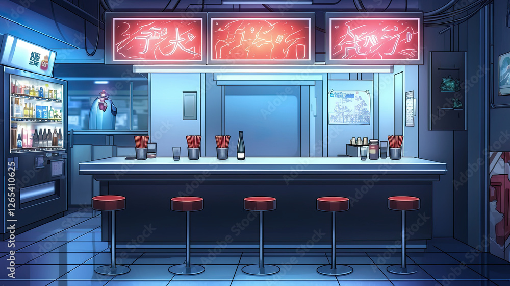 Photo & Art Print Futuristic anime food stall with glowing blue sign ...