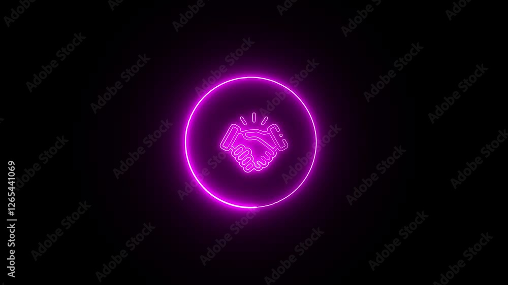 A neon sign of two hands shaking. The sign is blue . of the sign is ...